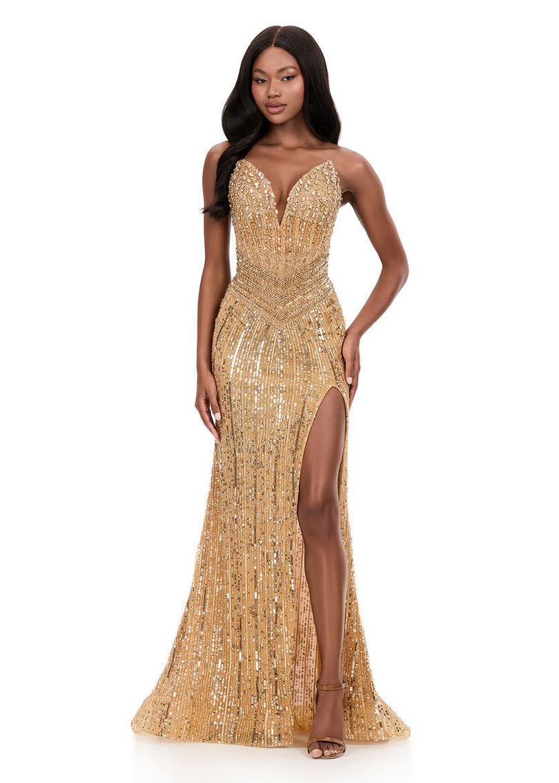 ASHLEYlauren Drop Waist Beaded Prom Dress 12274